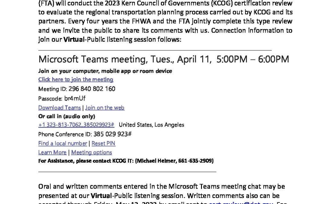 2023_KCOG_FHWA_FTA_notice - Kern Council of Governments